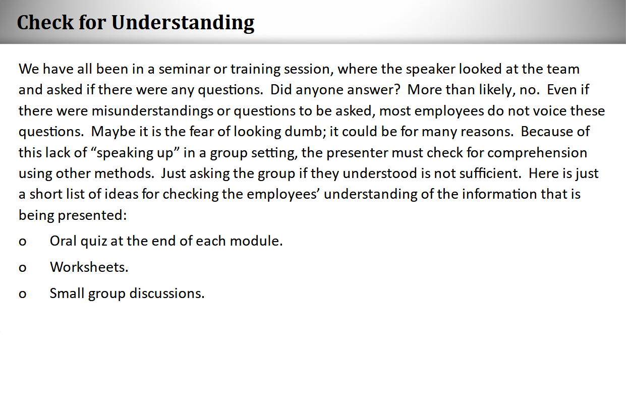 Check for Understanding - FreshSkills